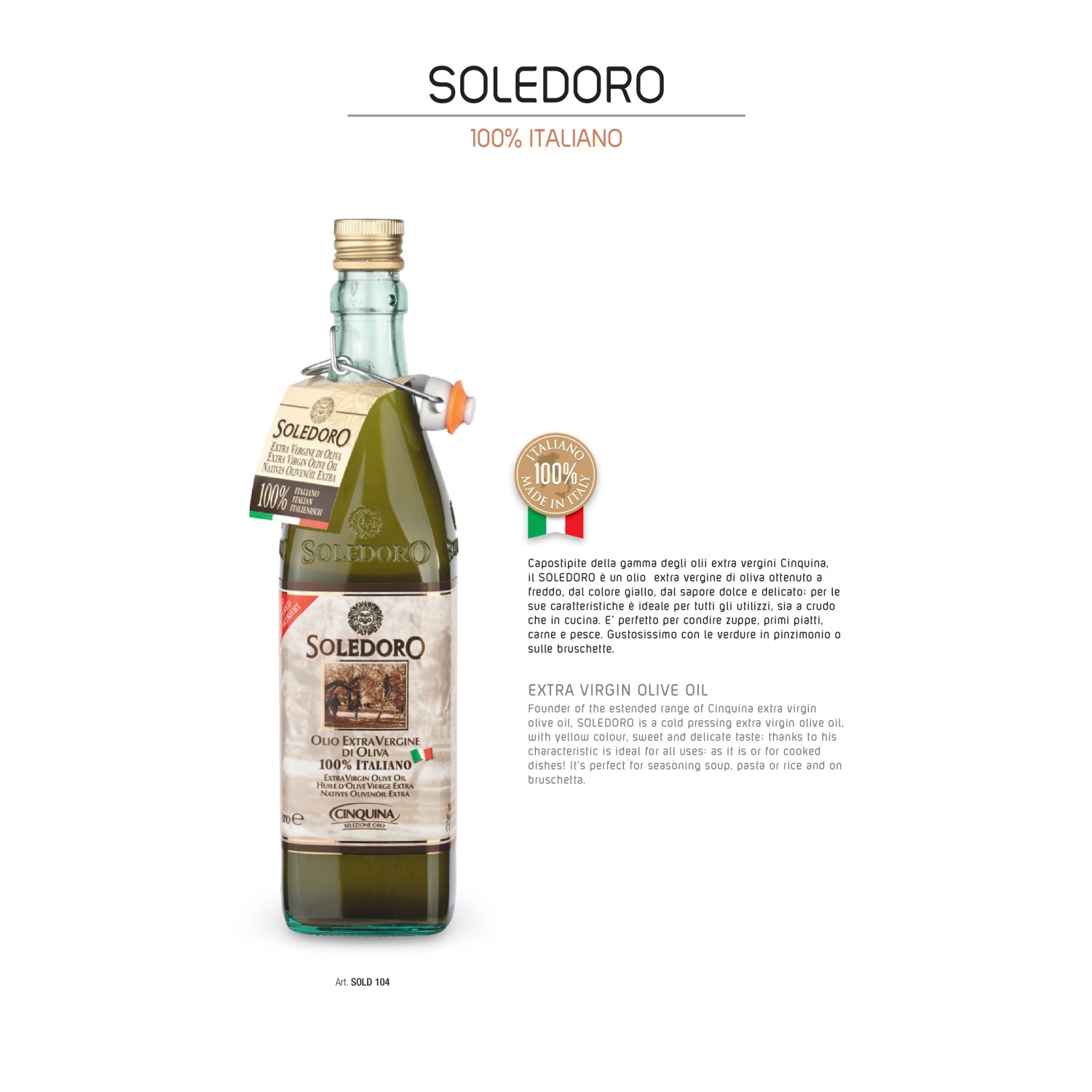 Soledoro Extra Virgin Oil Unfiltered 1L | 100% Italian